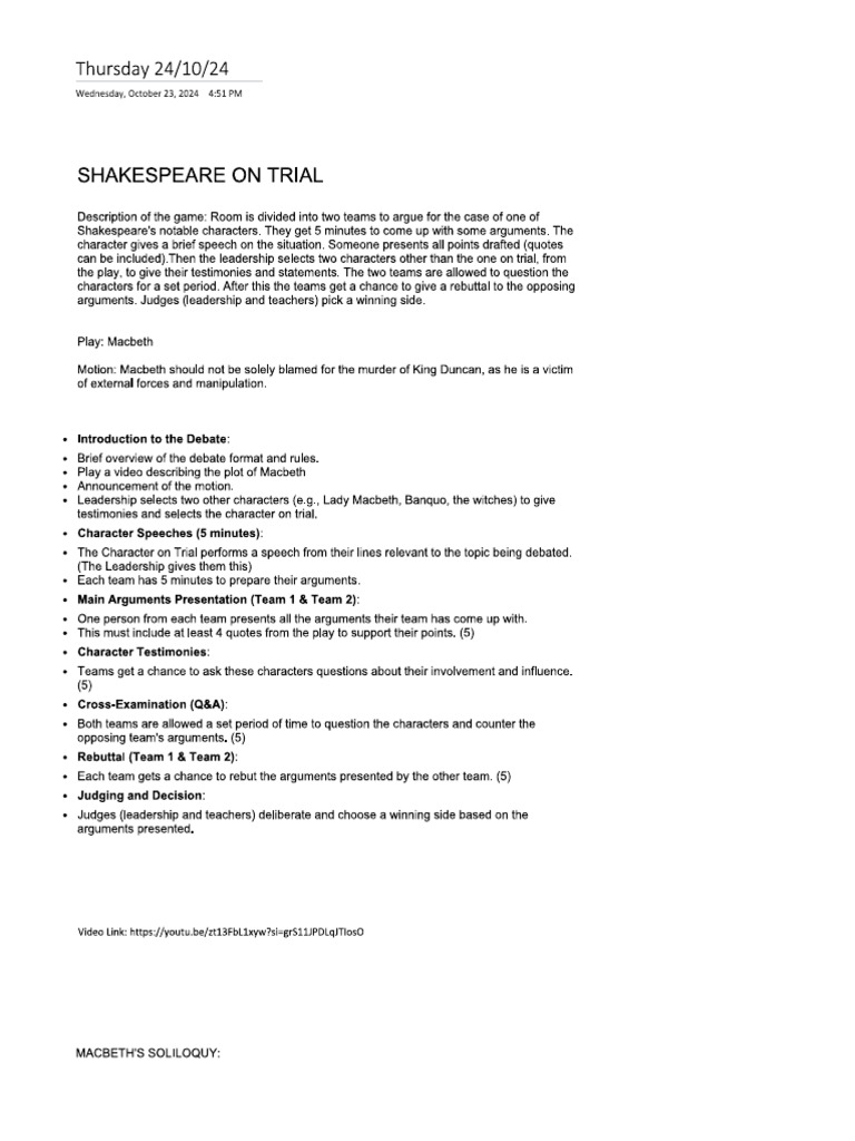 Shakespeare On Trial Plan | PDF