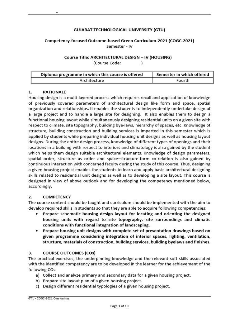 Architectural Design - Iv (Housing) Course Code: 41046301 | PDF ...