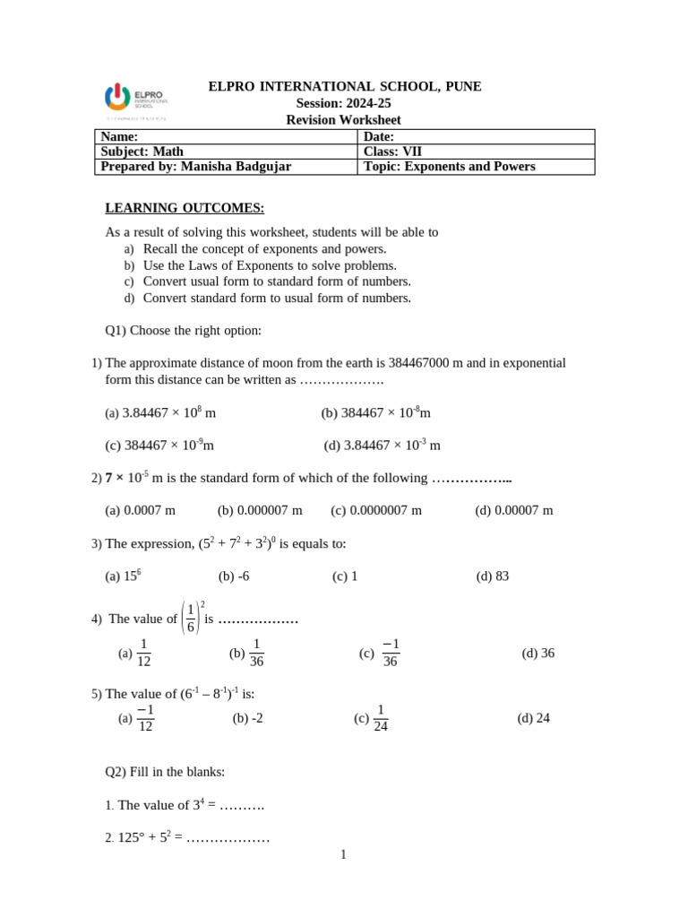 REV - WS - VII - Math - Exponents and Powers - Triangles and Their ...