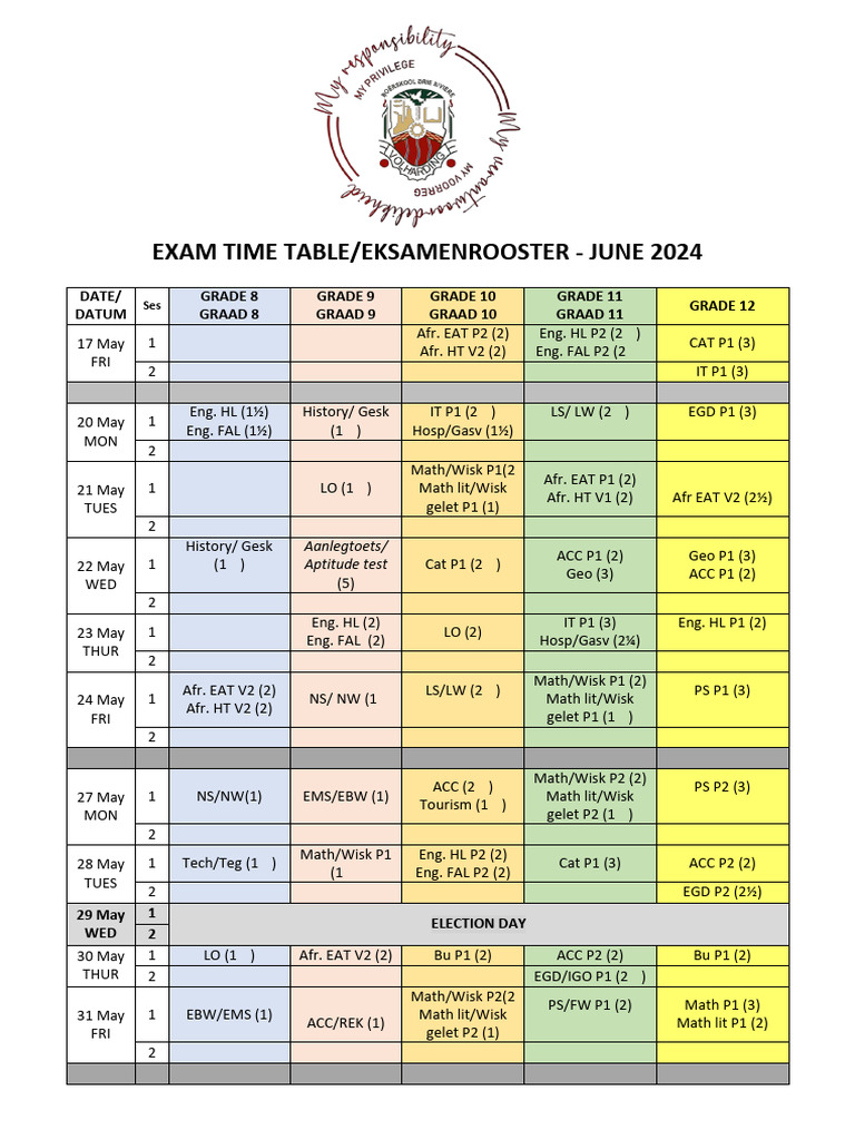 2024 EKSAMENROOSTER Junie 2 Afr en Eng | PDF
