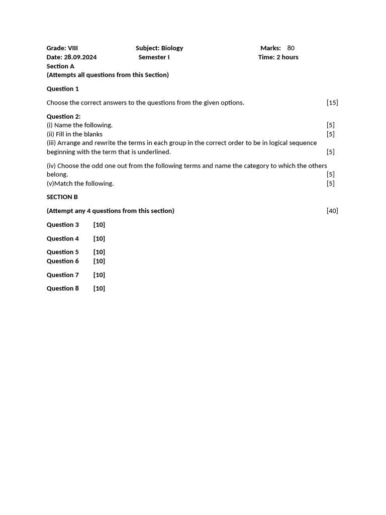 Grade 8 Semester I (Biology) Paper Pattern | PDF