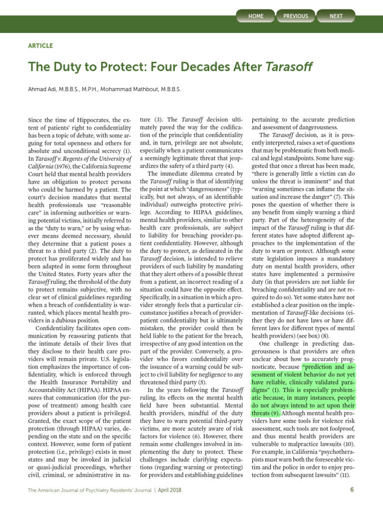 The Duty To Protect - After Tarasoff Case | PDF | Psychiatry ...