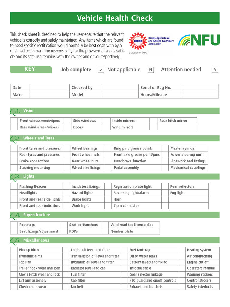 NFU Farm Vehicle Health Check Sheet | PDF | Motor Vehicle | Vehicles