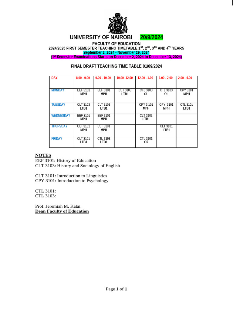 First Semester Teaching Timetable 2024 - 2025 | PDF