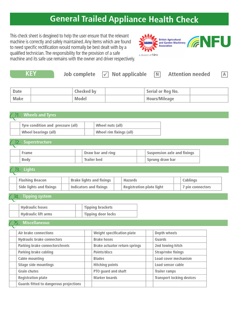 NFU General Appliance Checklist | PDF | Trailer (Vehicle) | Brake