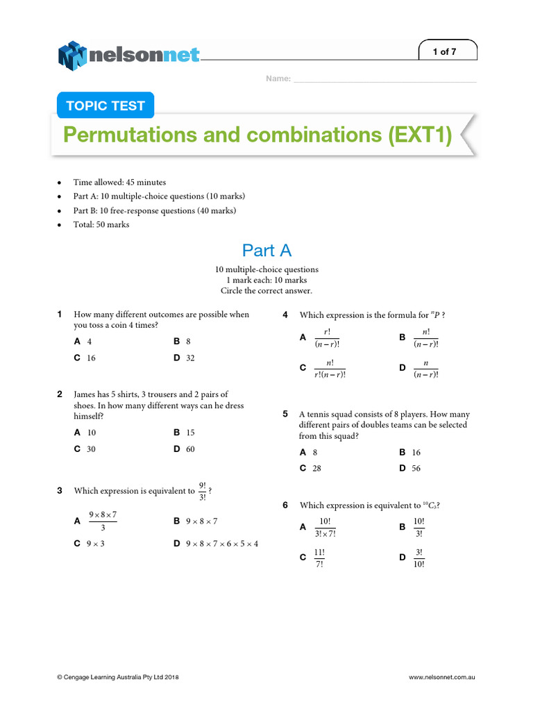 Year 11 Topic Test MIF 3 - Permutations and Combinations (Ext1) | PDF ...