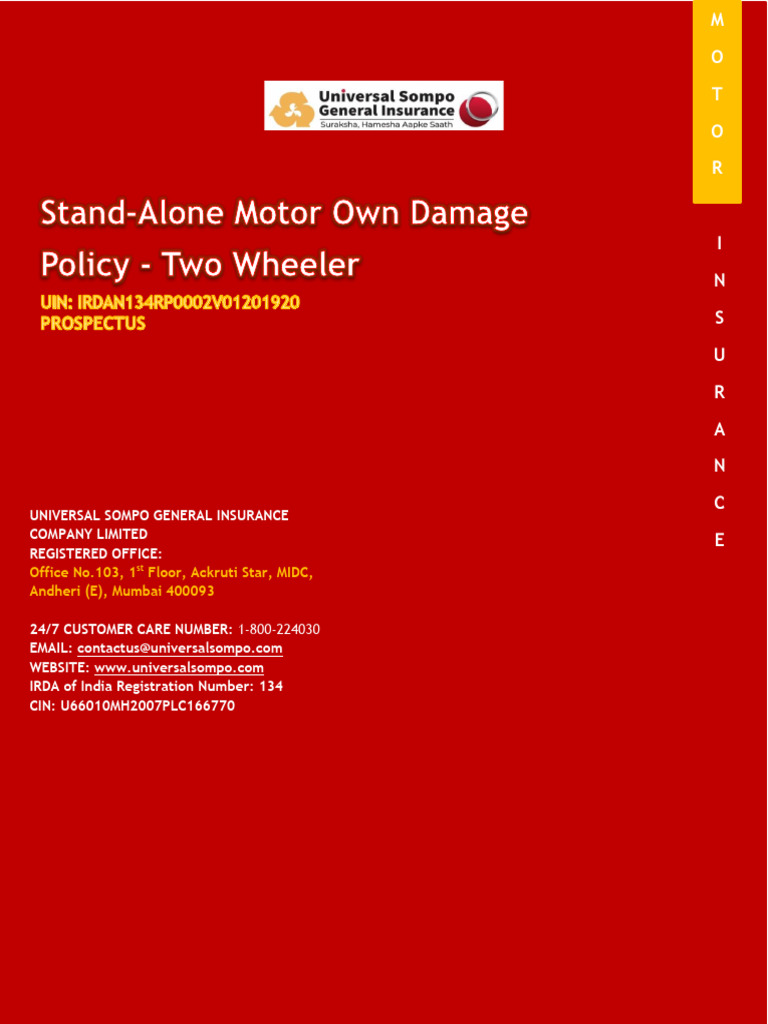 Stand Alone Motor Own Damage Policy Two Wheeler Prospectus | PDF ...