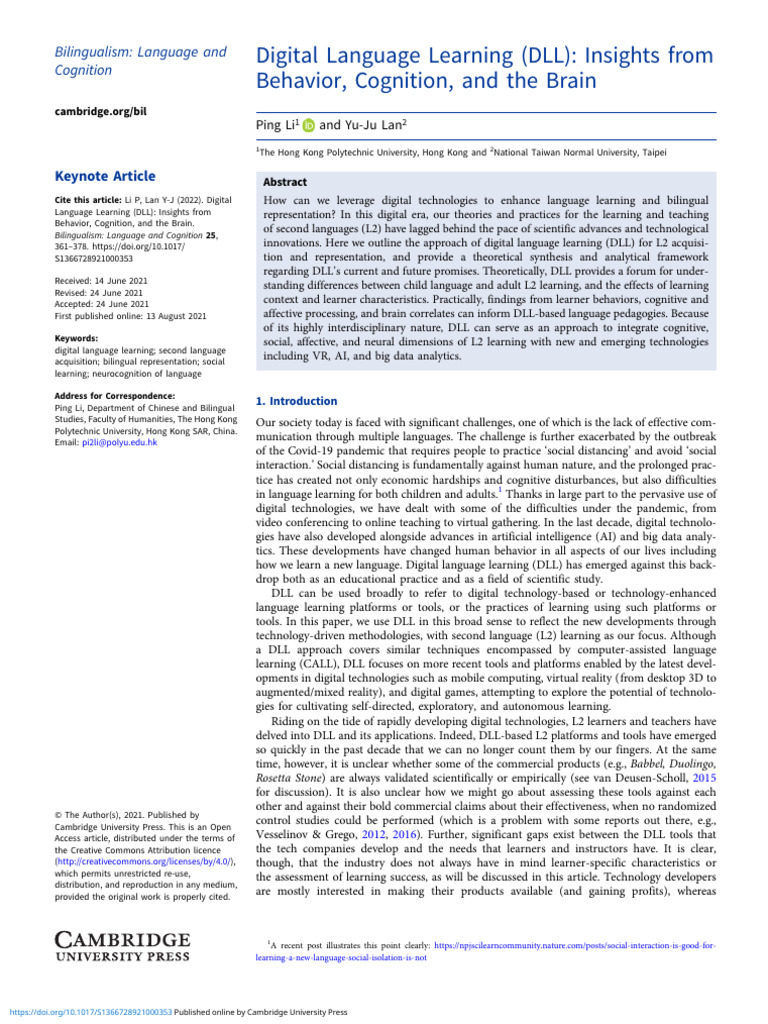 Digital Language Learning Dll Insights From Behavior Cognition and the Brain | PDF | Second ...
