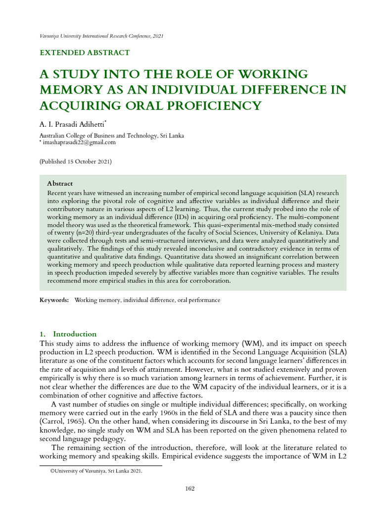 A Study Into the Role of Working | PDF | Second Language Acquisition ...
