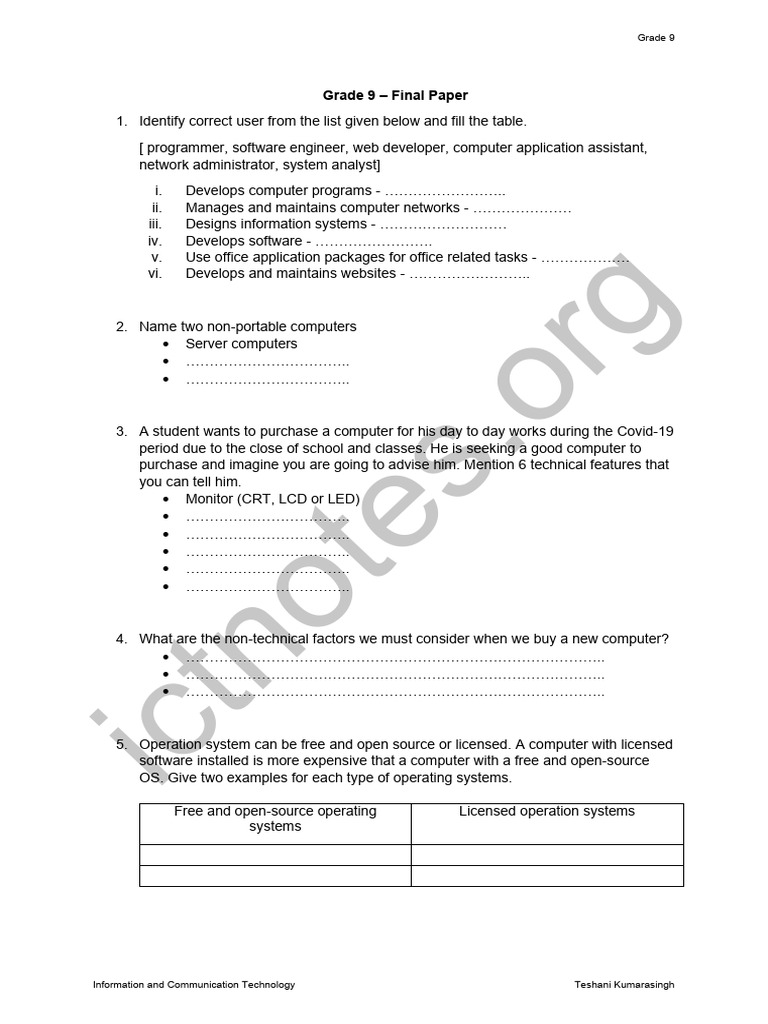 English Medium Third Term Test Model Paper 2022 | PDF | Computing ...