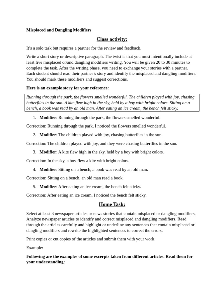 Identifying Misplaced Modifiers Activity | PDF