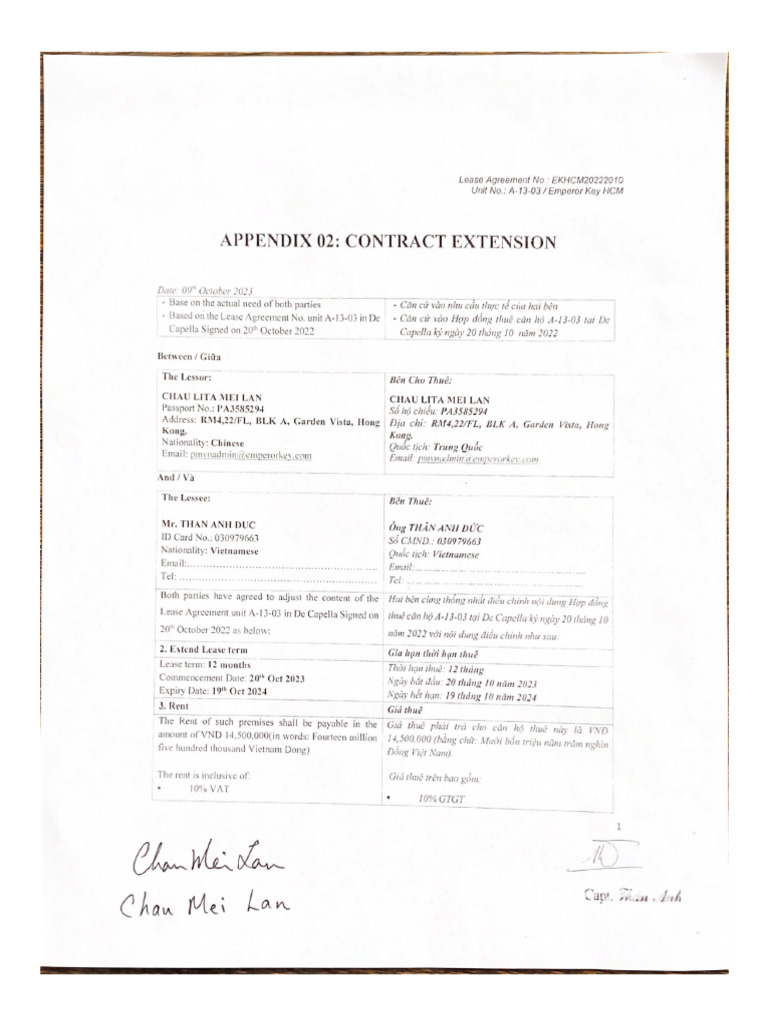 A1303 - Appendix 02 - Extension Contract (20.10.23 - 19.10.24) (Both Signed) | PDF