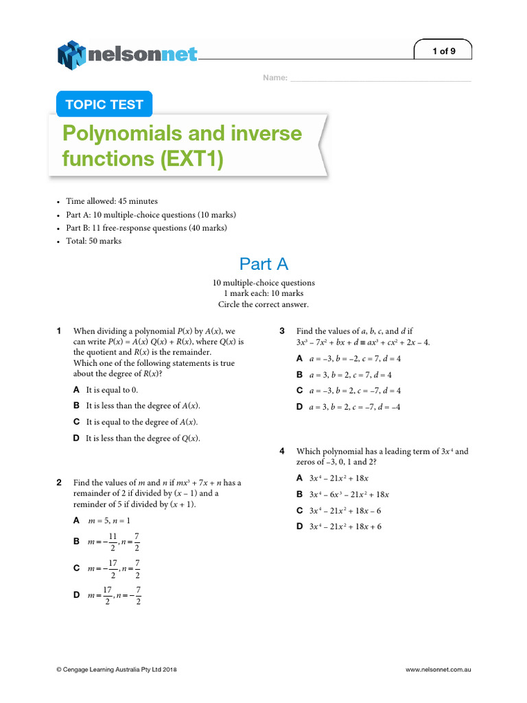 6 - Polynomials and Inverse Functions (Ext1) | PDF | Function (Mathematics) | Polynomial