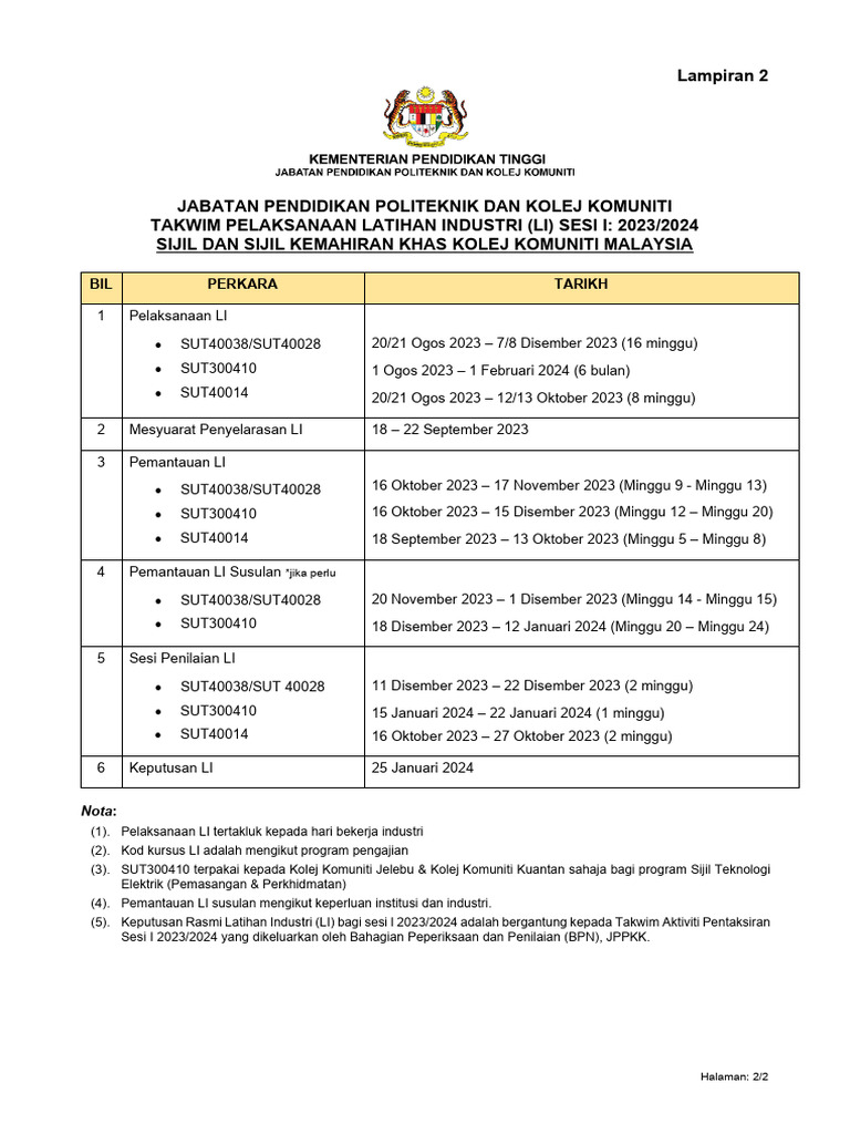 Takwim LI KK SesiI 20232024 | PDF