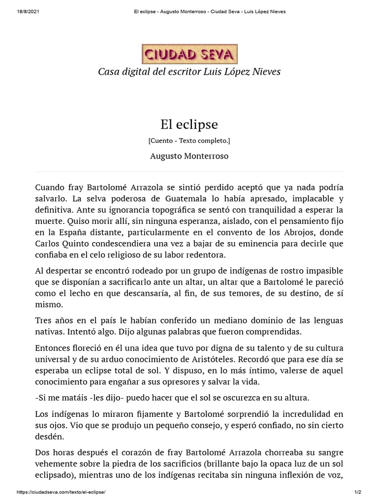 El eclipse - Augusto Monterroso - Ciudad Seva - Luis López Nieves | PDF