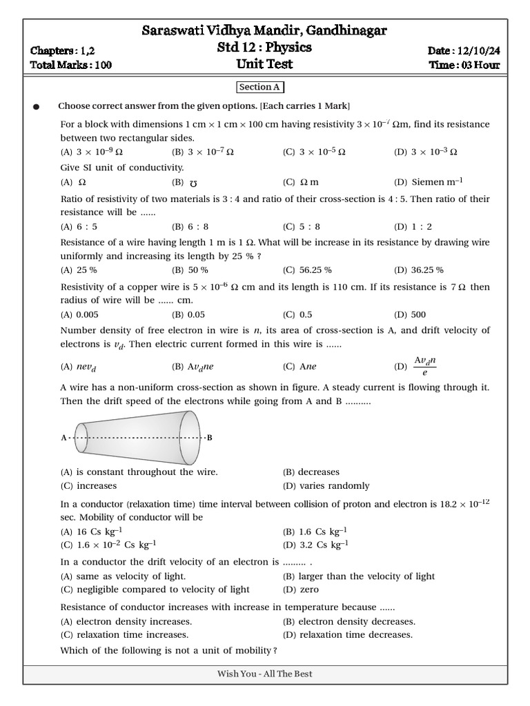 UnitTest D12 Oct 2024 | PDF | Magnetism | Magnetic Field UnitTest D12 Oct 2024 | PDF | Magnetism | Magnetic Field