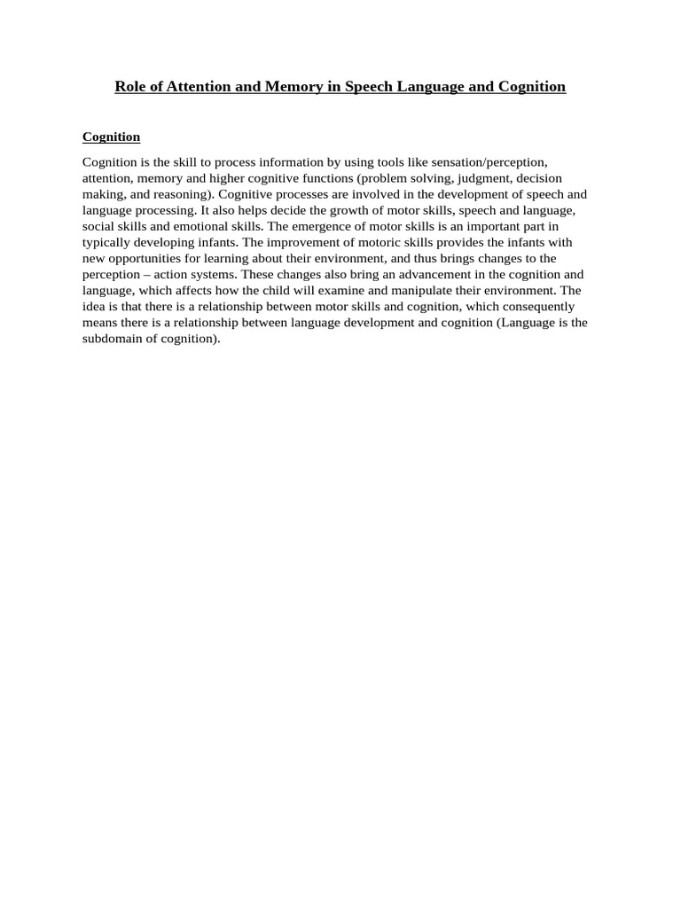 Role of Attention and Memory in Speech Language and Cognition | PDF ...