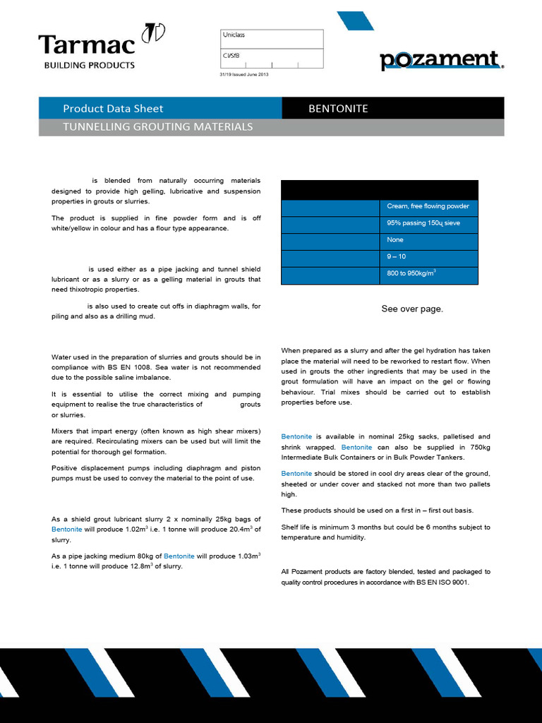 2013 Product Datasheet Bentonite Pdf Cement Materials