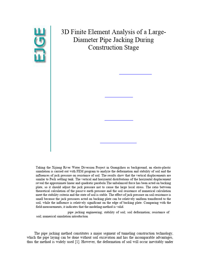 2014 3D Finite Element Analysis of Large Diameter Pipe Jacking During Construction Stage | PDF ...
