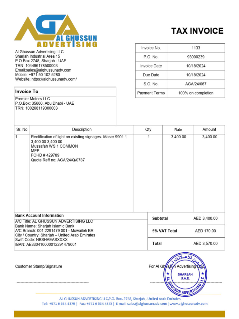 1133 - TAX INVOICE (Premium Motors ) - 93000239 | PDF
