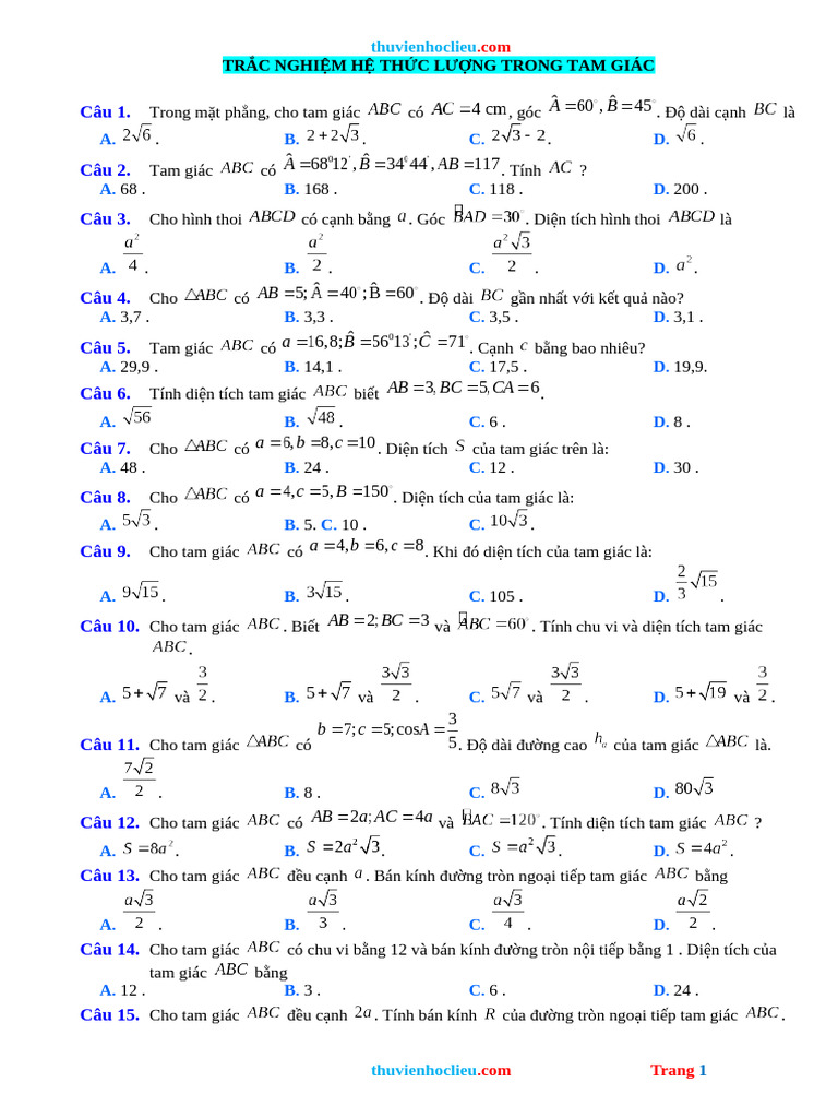 Trac Nghiem He Thuc Luong Trong Tam Giac | PDF