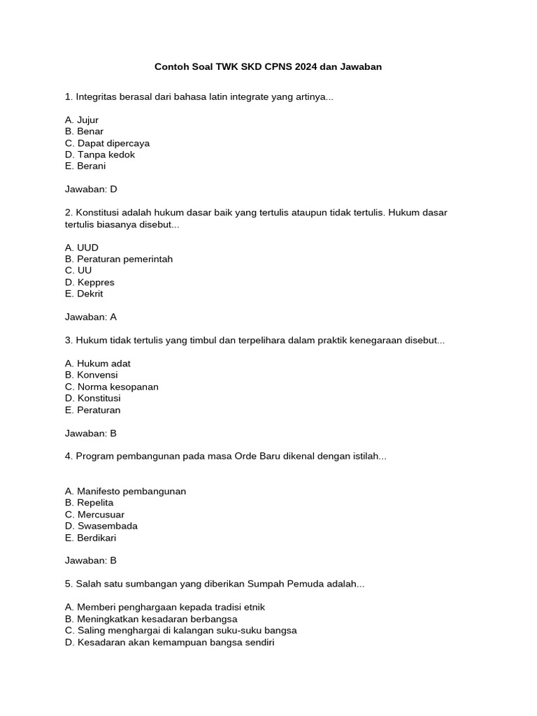 Contoh Soal TWK SKD CPNS 2024 Dan Jawaban | PDF