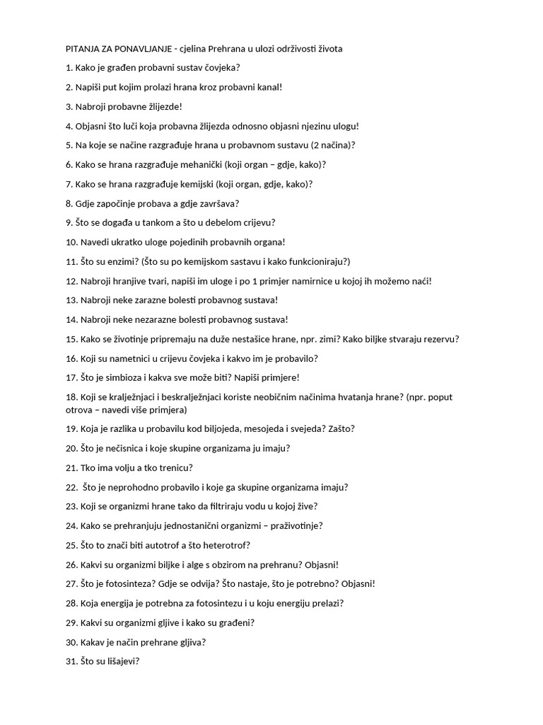 Pitanja - Prehrana U Ulozi Održivosti Života - 7r | PDF