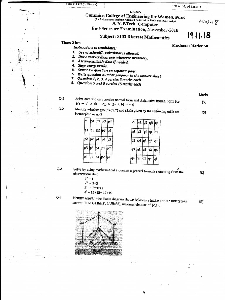 Discrete Mathematics NOV-2018 Sem-I (S.Y.B.Tech COMP) | PDF | Computational Problems ...