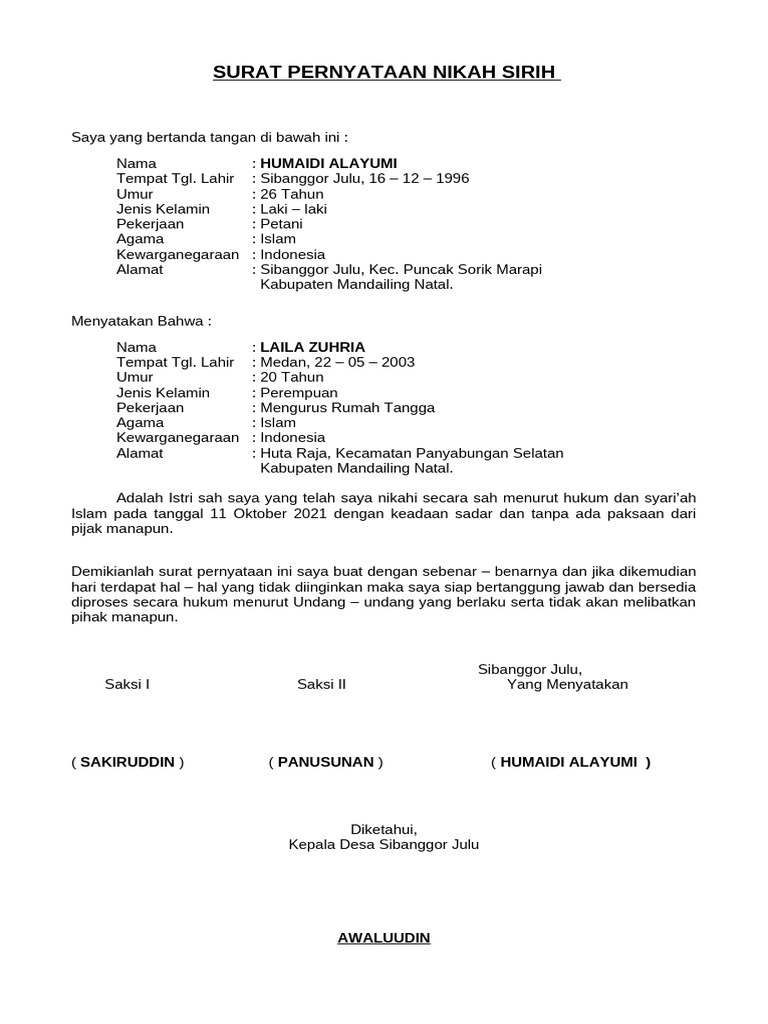 Surat Pernyataan Nikah Sirih | PDF