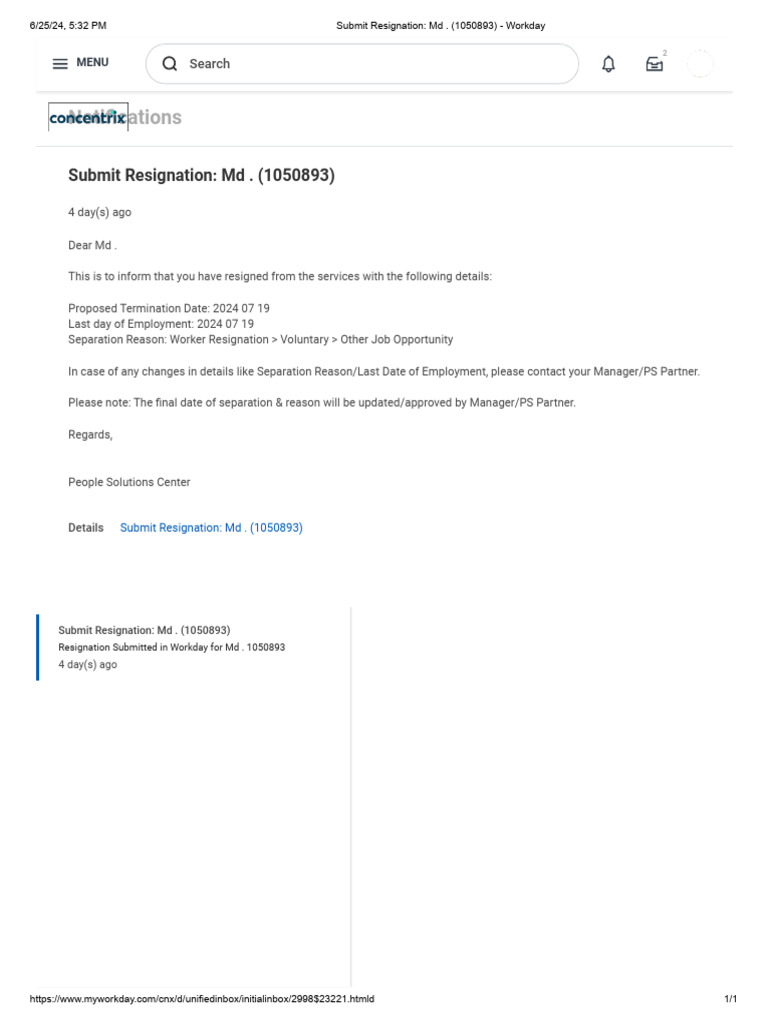 Submit Resignation - MD - (1050893) - Workday | PDF