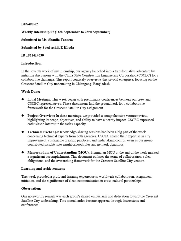 Weekly Internship Report: CSCEC MOU | PDF | Finance & Money Management ...