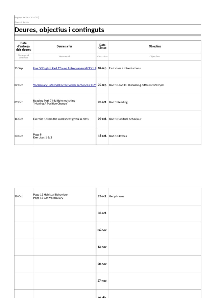 Deures FCEY1C (24-25) 24-25 | PDF | Vocabulary | Linguistics