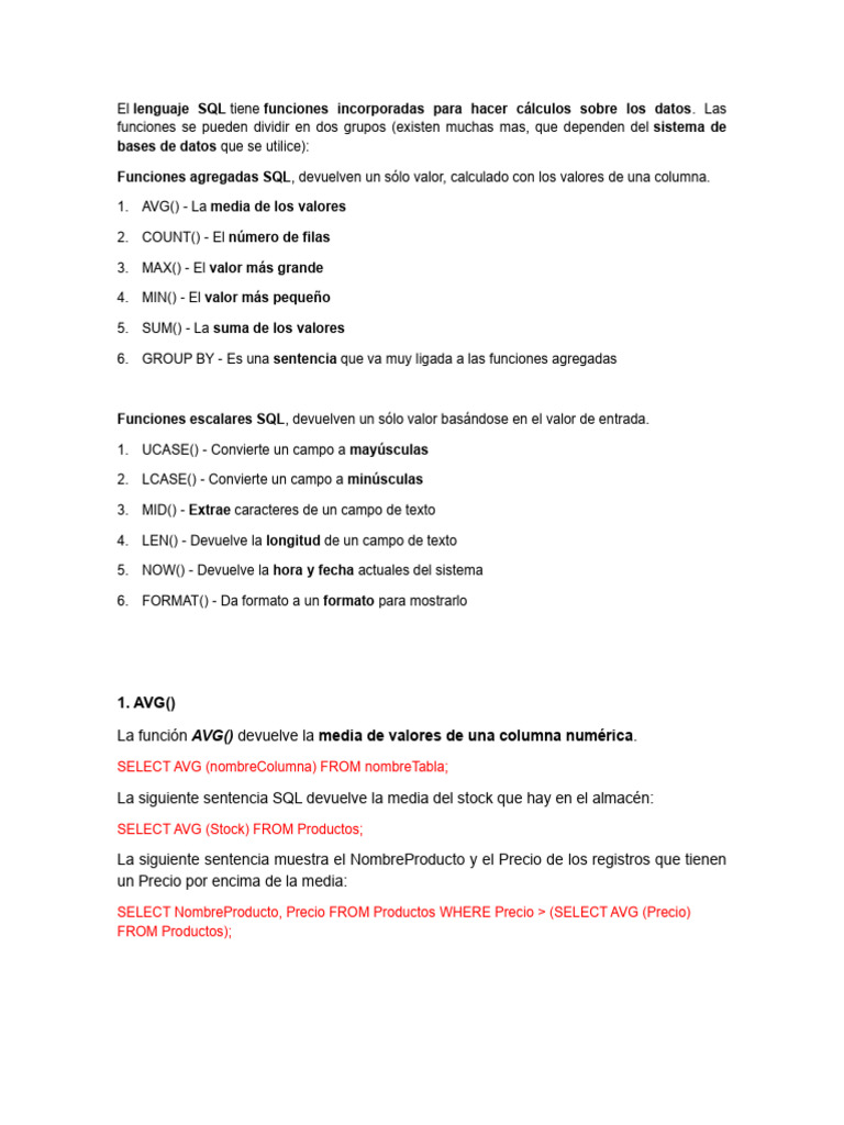 Funciones De Sql Pdf Sql Gestión De Datos 0145