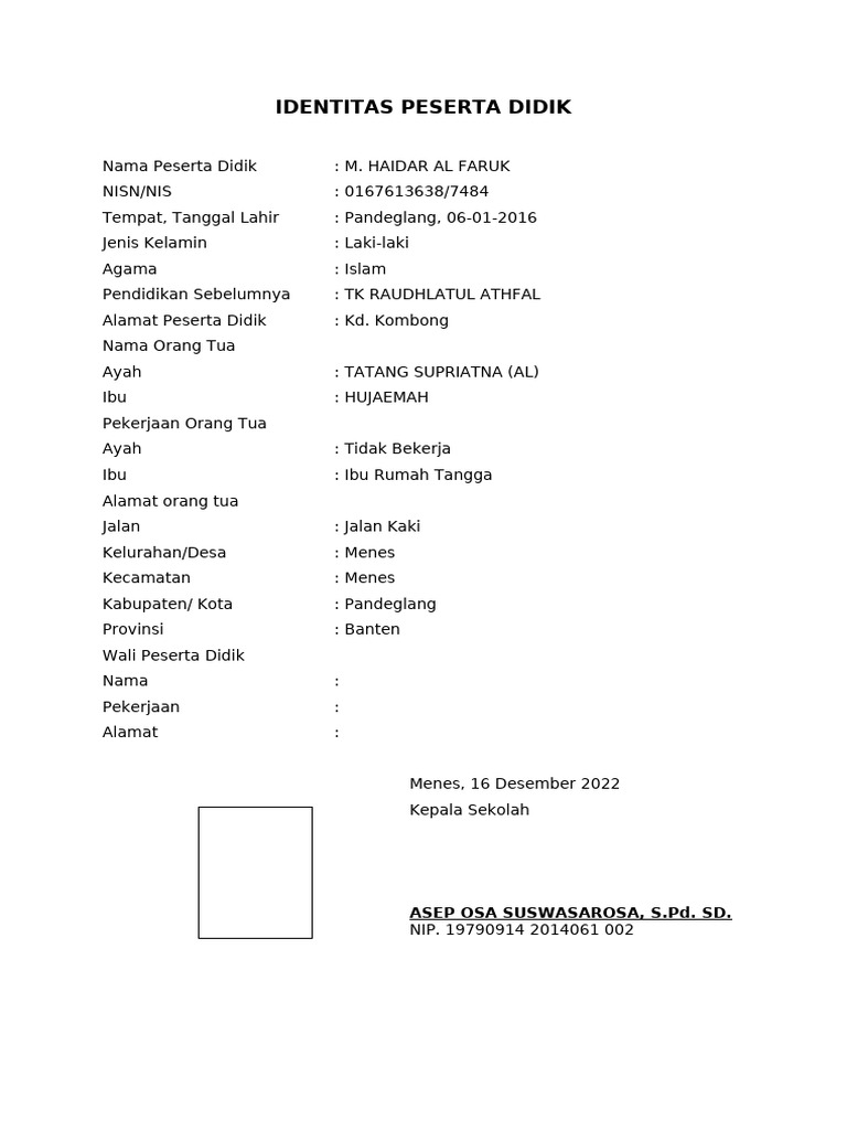Identitas Peserta Didik Rapot | PDF