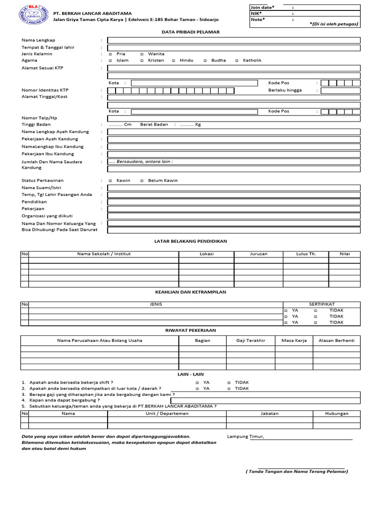 Form Data Pelamar Karyawan | PDF