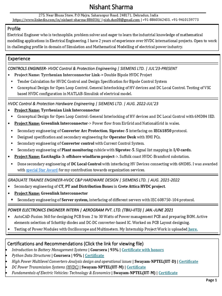 Nishant_Sharma__CV | PDF | High Voltage Direct Current | Power Electronics