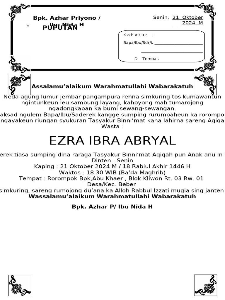 Undangan Aqiqah dalam Bahasa Sunda | PDF