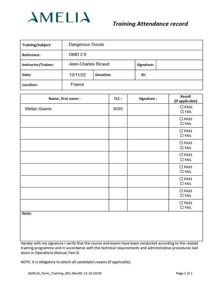AMELIA Form Training 001 AttendanceRecord Rev00 (1) | PDF