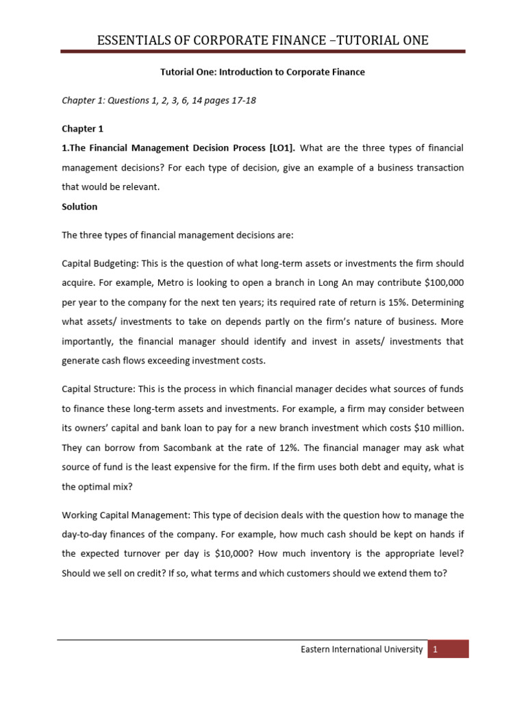 Tutorial Week 1 - Introduction To Corporate Finance | PDF | Equity (Finance) | Sole Proprietorship