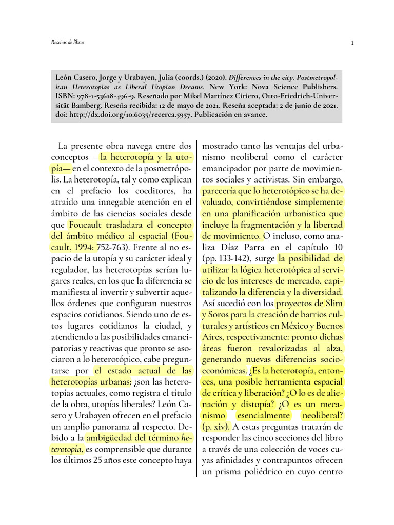 Casero Reseña Libro Heterotopía | PDF | Educación en artes liberales