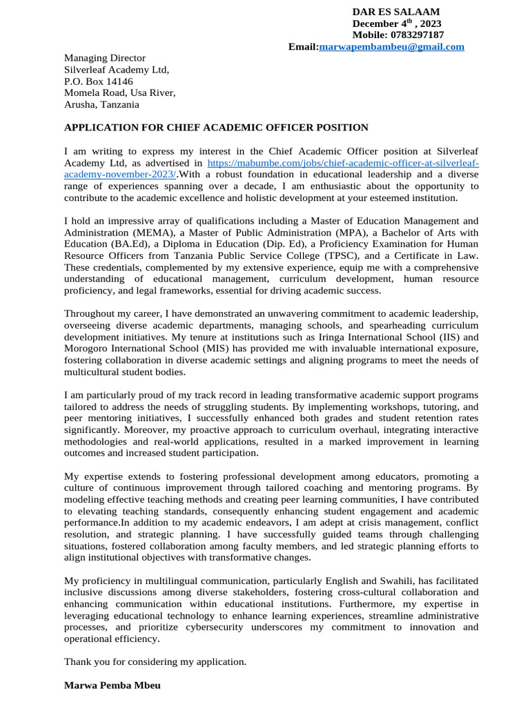 Application Chief Academic Officer Marwa Pemba Mbeu | PDF | Educational ...