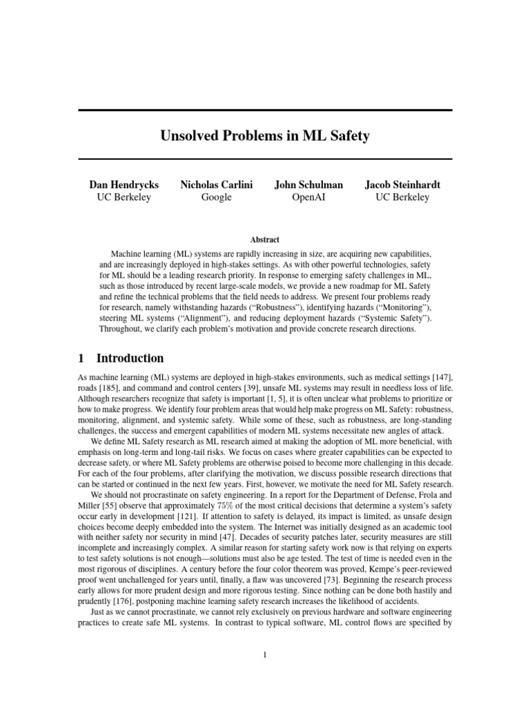 Unsolved Problems in ML Safety: Dan Hendrycks Nicholas Carlini John ...