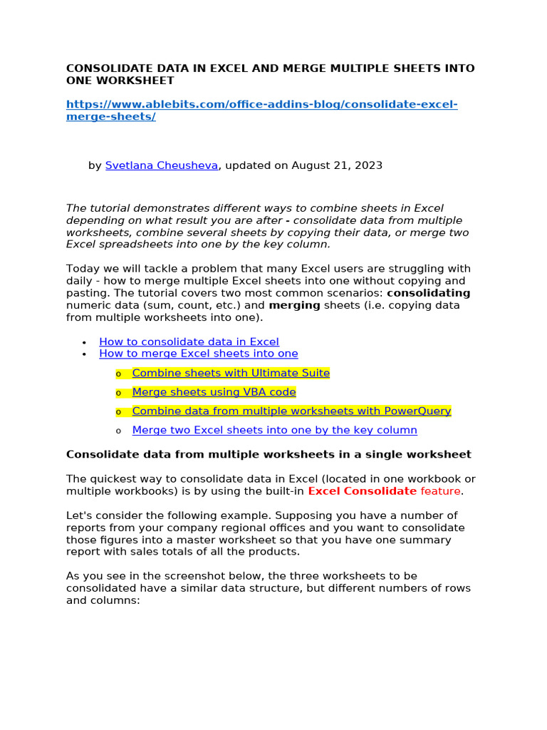 Consolidate Data in Excel and Merge Multiple Sheets Into One Worksheet ...