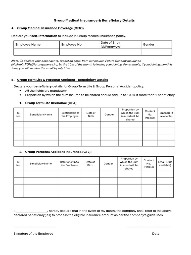 Group Medical Insurance & GTL Beneficiary Form | PDF | Insurance ...