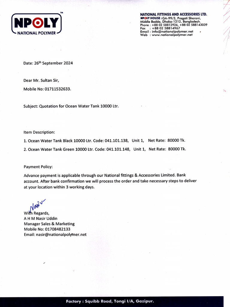 Quotation for 10,000 Ltr Ocean Tanks | PDF