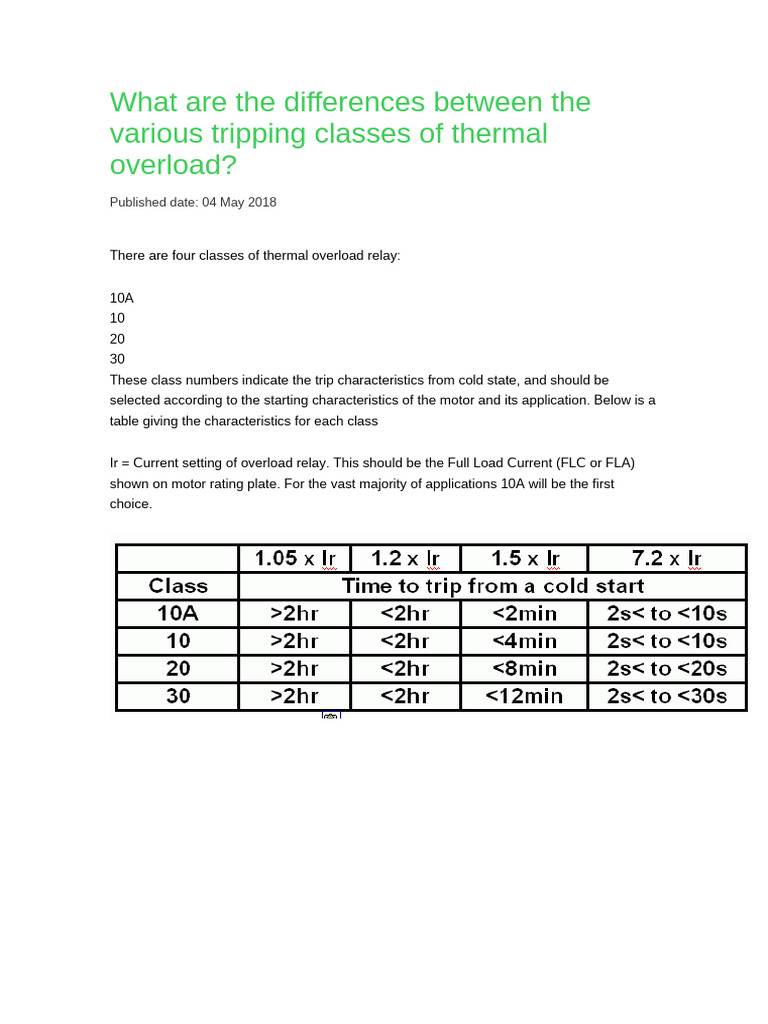 What Are The Differences Between The Various Tripping Classes of Thermal Overload | PDF