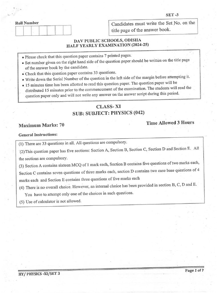 Xi Physics Hy QP Set 3 | PDF