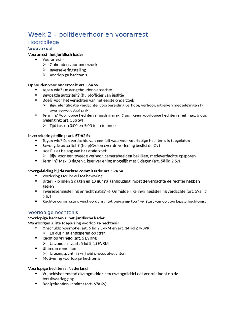 Formeel Strafrecht - Stof Week 2 - Voorarrest | PDF