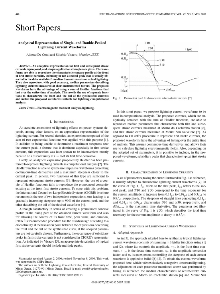 Analytical Representation of Single - and Double-Peaked Lightning Current Waveforms | PDF ...