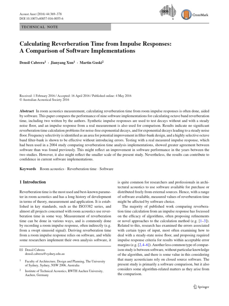 Calculating Reverberation Time From Impulse Responses - A Comparison of ... Calculating Reverberation Time From Impulse Responses - A Comparison of ...